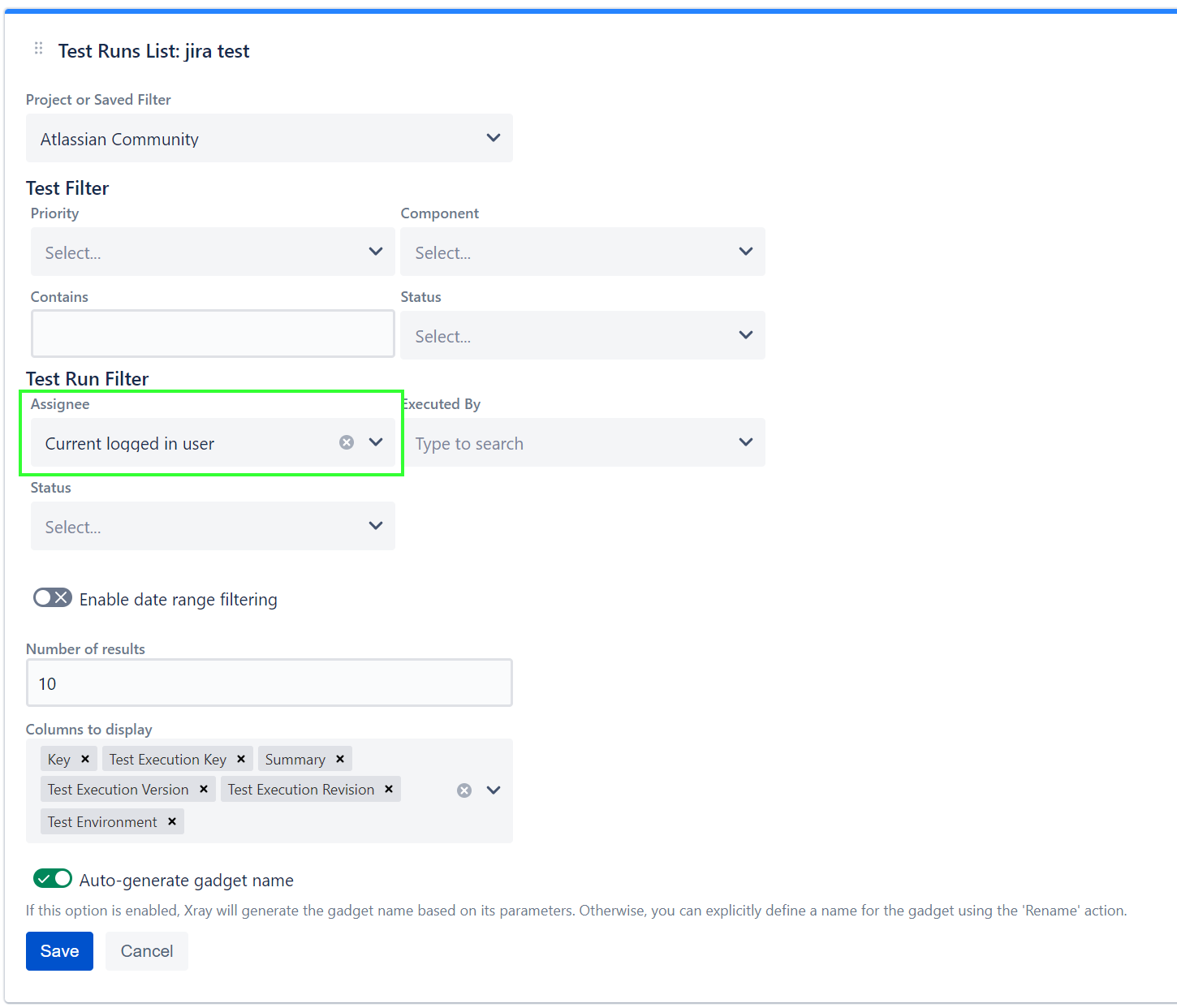 create a dashboard with Test run execution assigne...