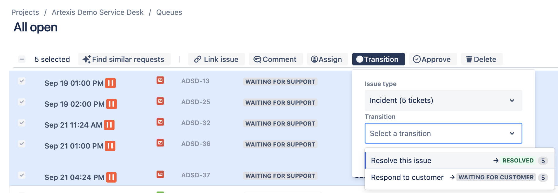 Solved: Jira Server - JSM Accept/complete Issues all at on...