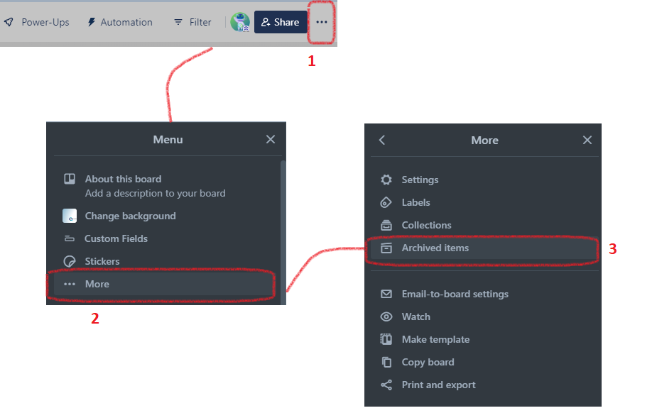 Where is board menu and archived card menu???