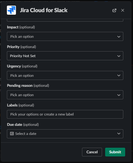 Jira Cloud Slack integration: Ticket creation choo...
