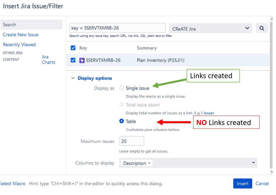 Jira Links Created for Single Issue but not Table