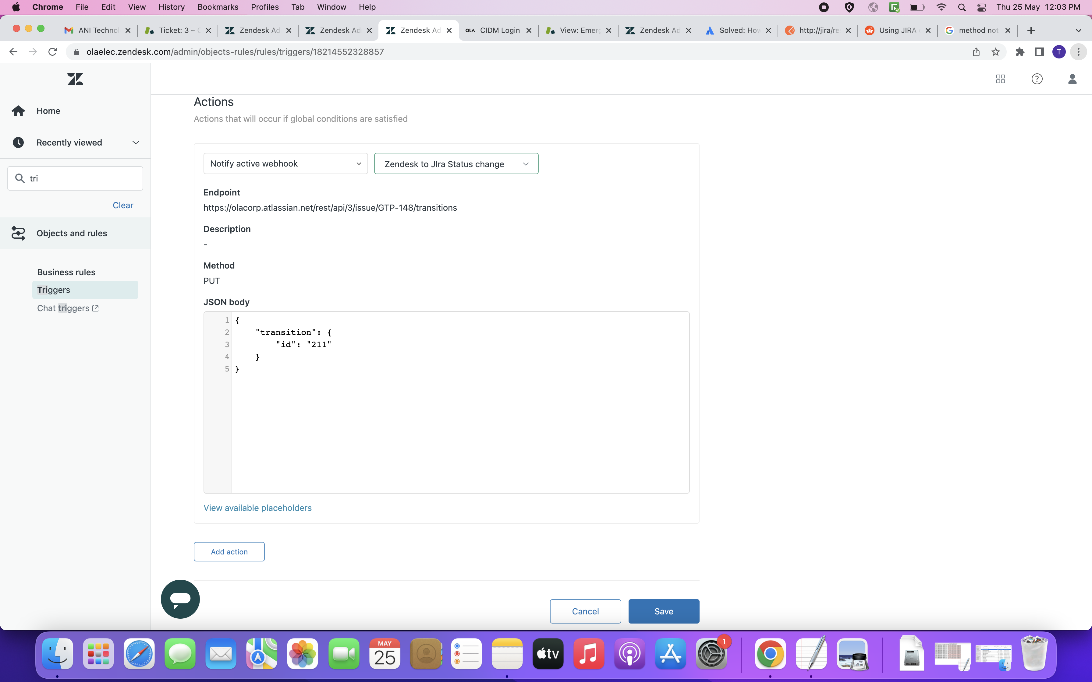 I have to change the status in jira when the zende...