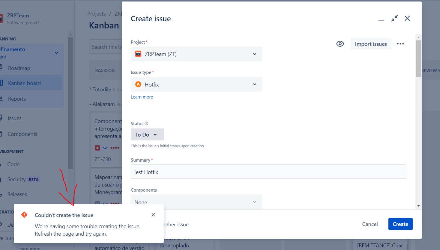 Error "couldn't create the issue"