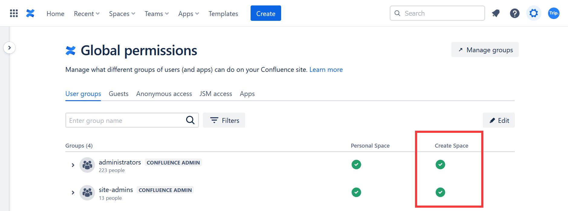 How I can get the global create space permission?