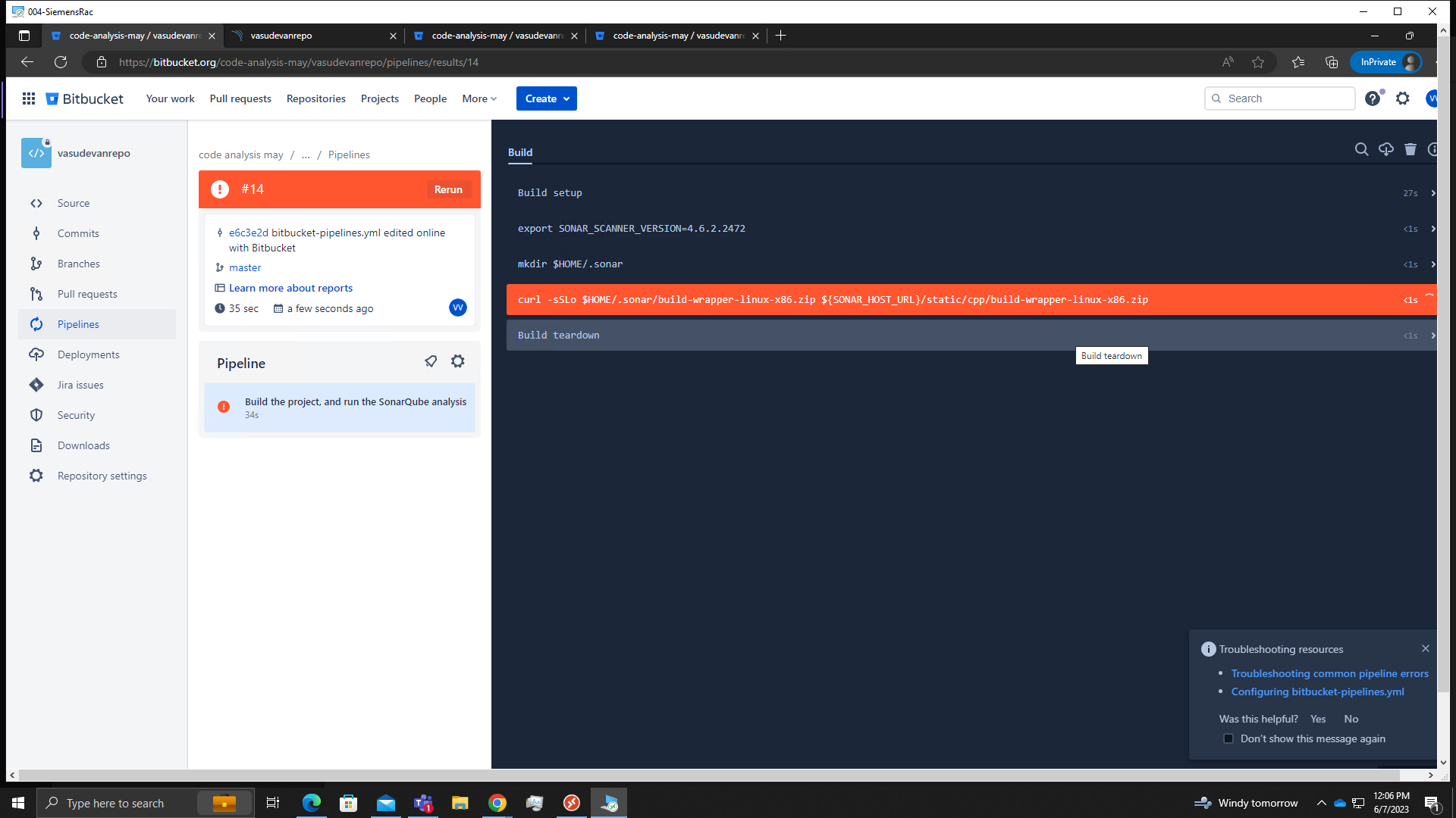Issue while integrating sonarqube with Bitbucket C...