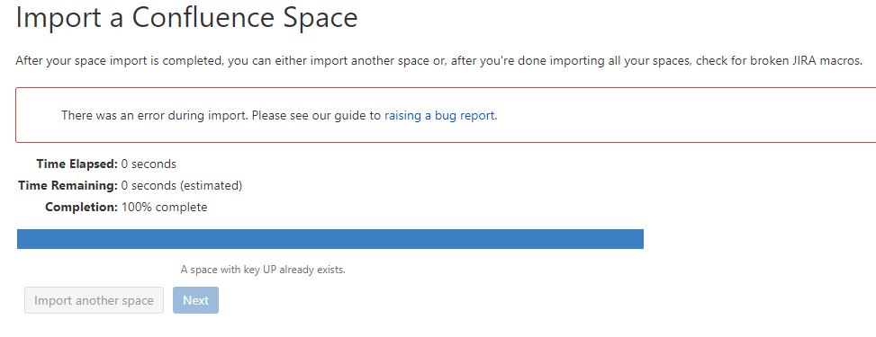 Confluence error when Importing space