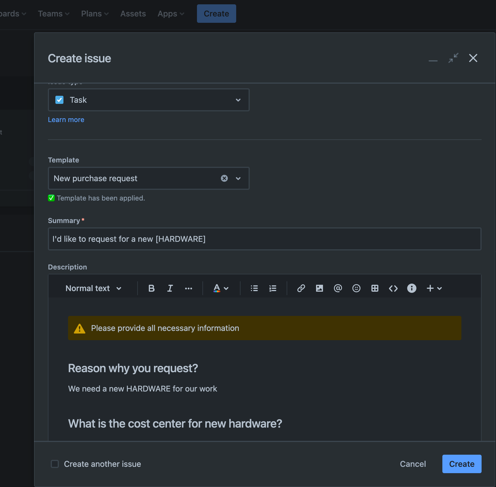 Jira API How to Populate automatically Description...