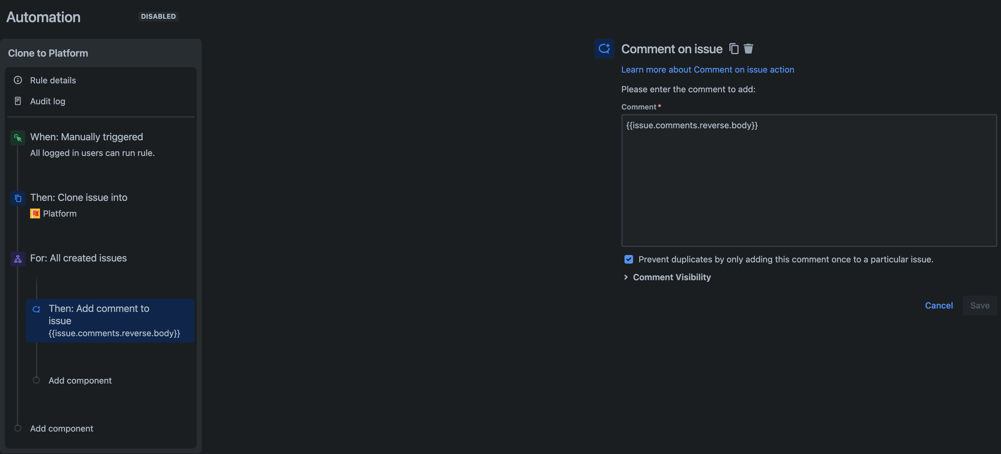 Automation: Summarize comments to new clone