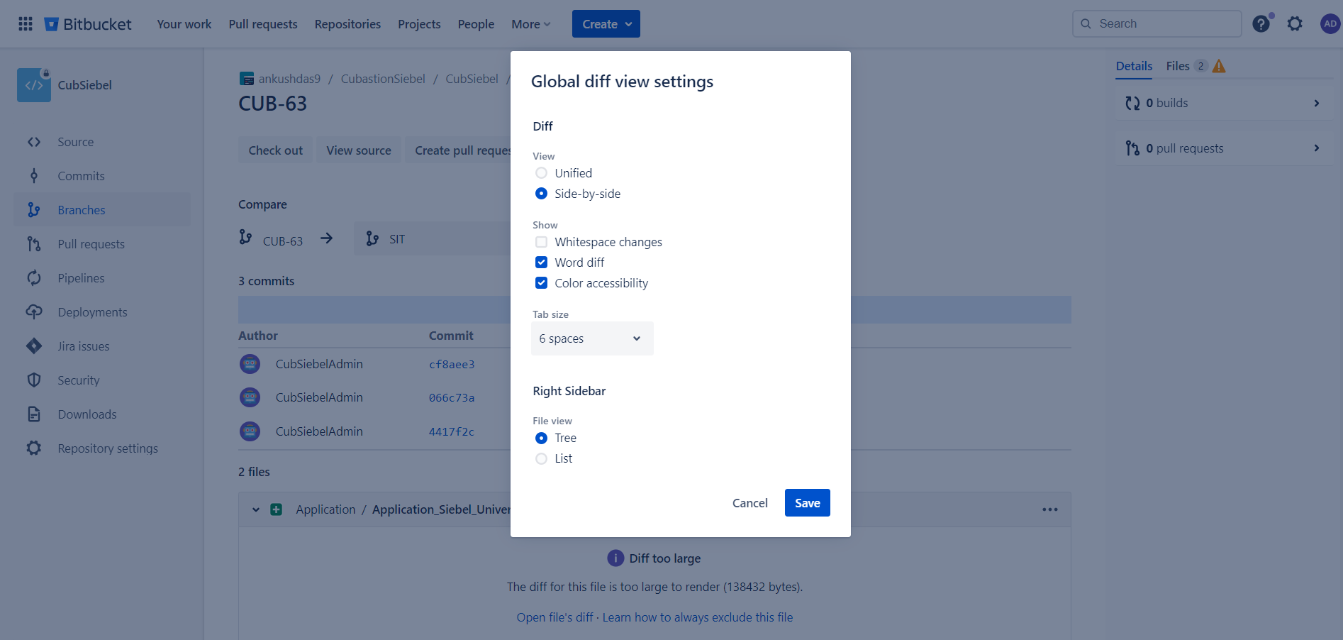 Bit Bucket Side-by-side diff view not working prop...