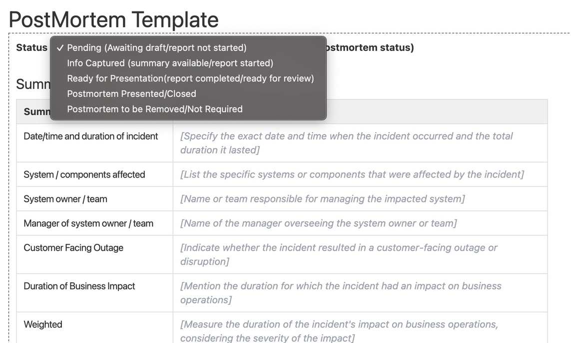 Postmortem template dropdown