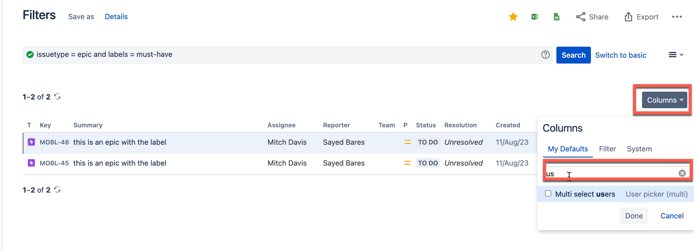 How view User Story ID in filter