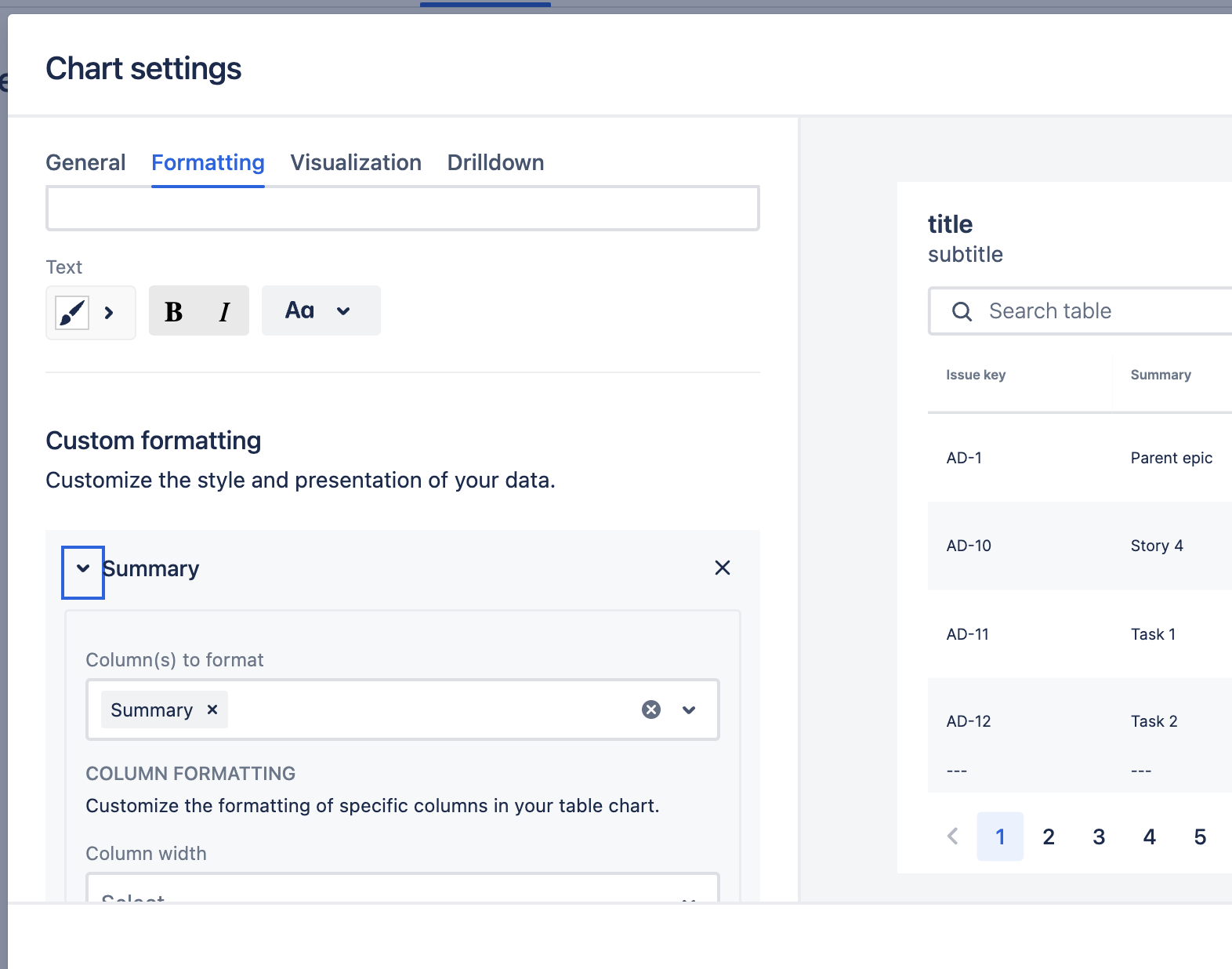 How do I set a column in a table chart to a specif...