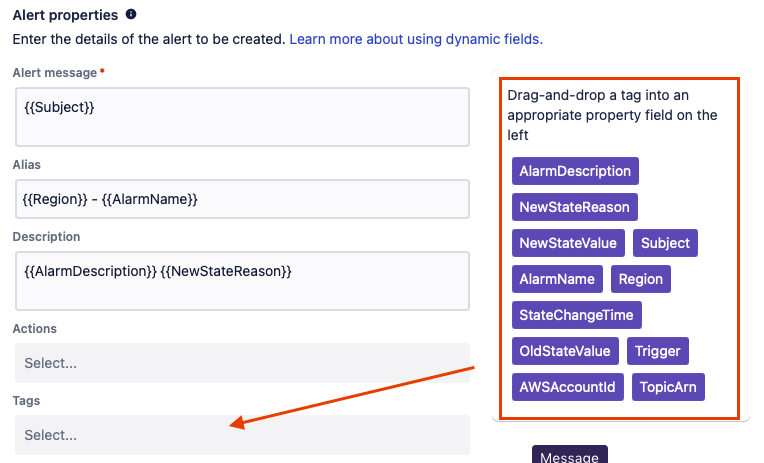How do I set Opsgenie alert tags in an AWS CloudWa...