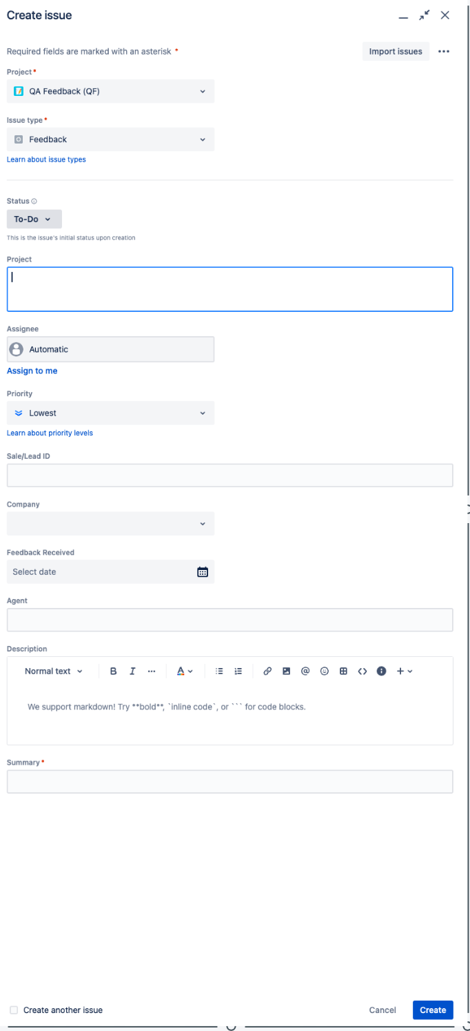 Create Issue Pop up showing two different views