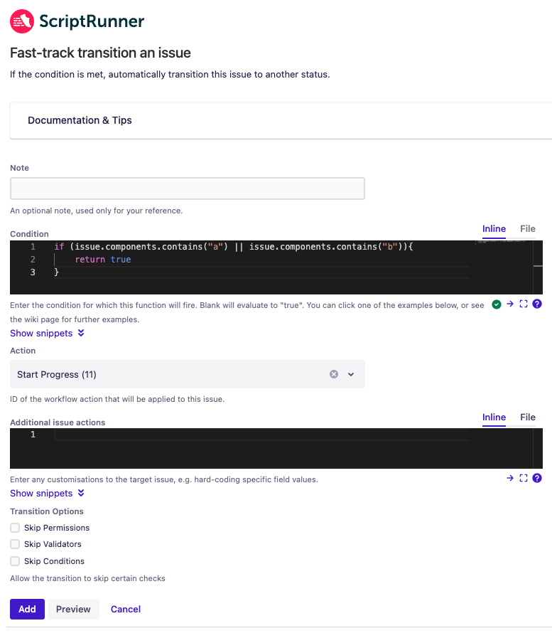 We need to have a condition (using Scriptrunner or...