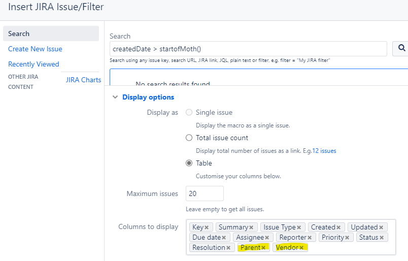 Why not all Jira fields are seen in Confluence Mac...
