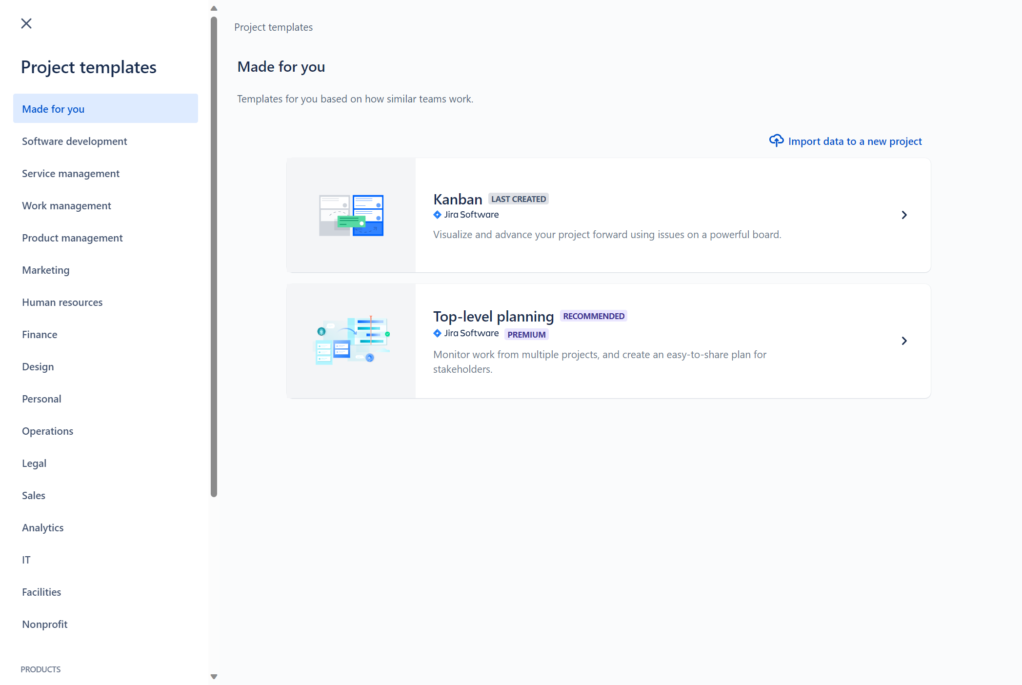 Configure Project Templates 'Made for you Template...