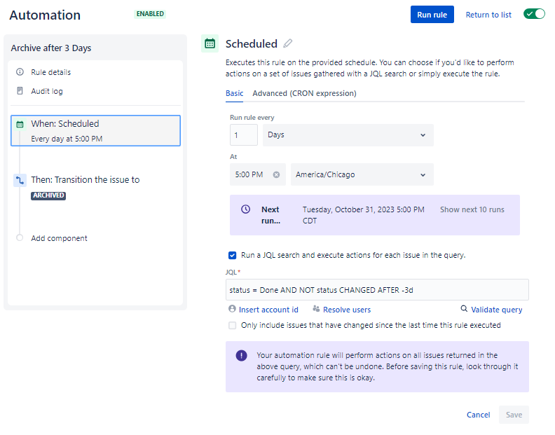 Solved: Automation: Transition Issues to Archive after Don...