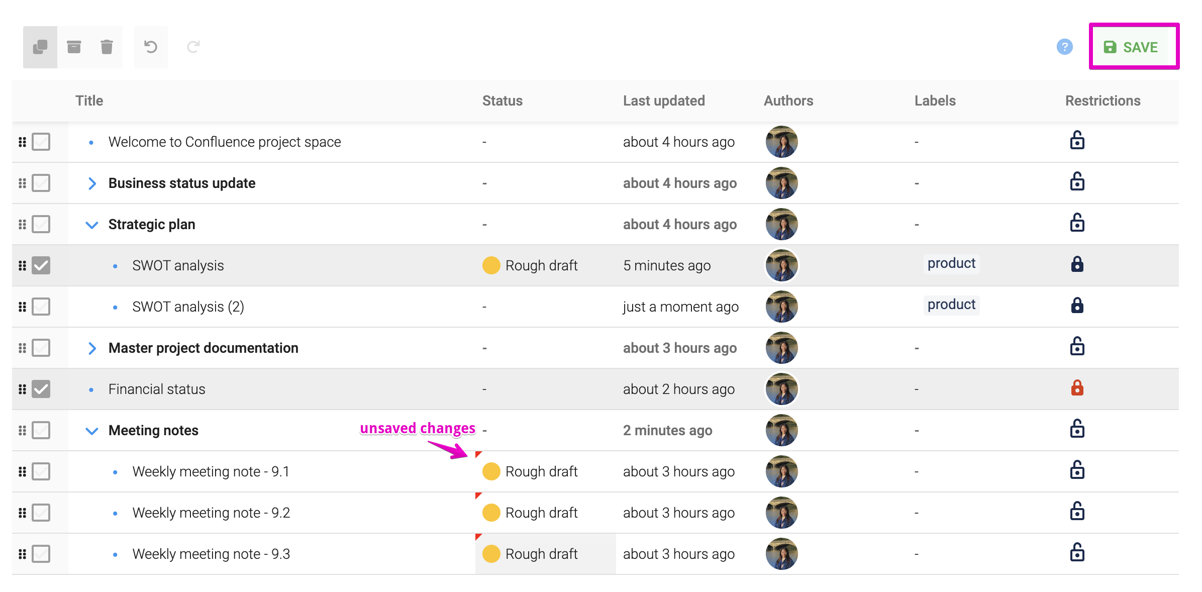 Manage Confluence pages: bulk page updates, order, and content alerts