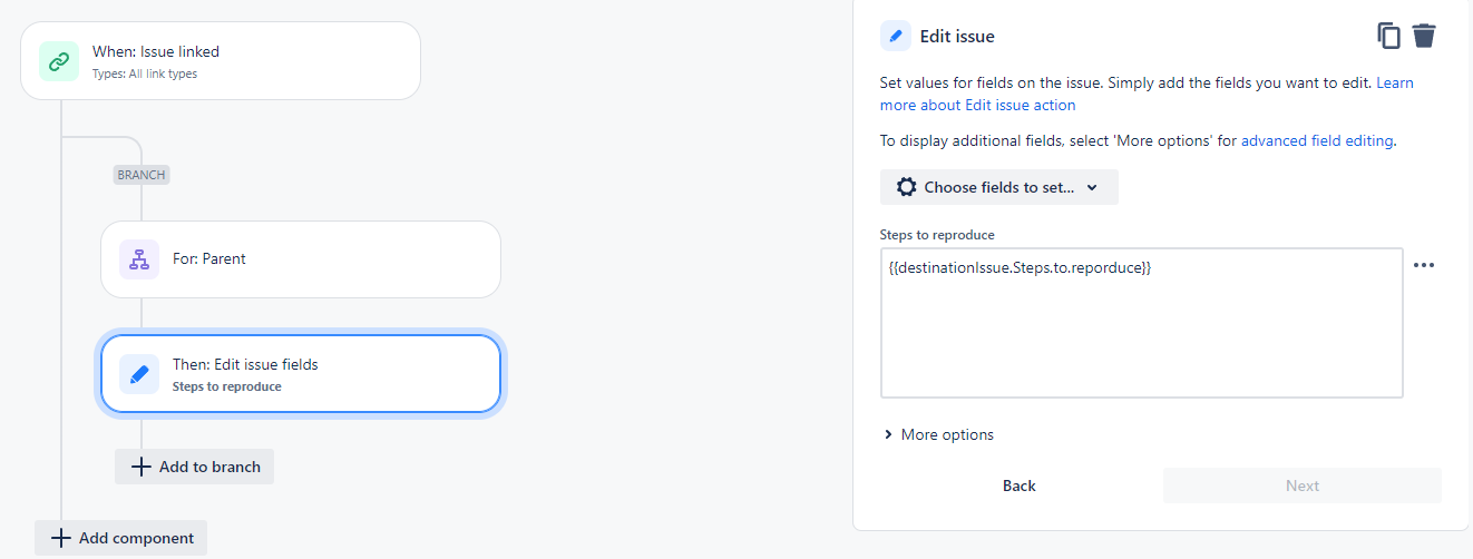 Copying fields from an issue to a linked issue