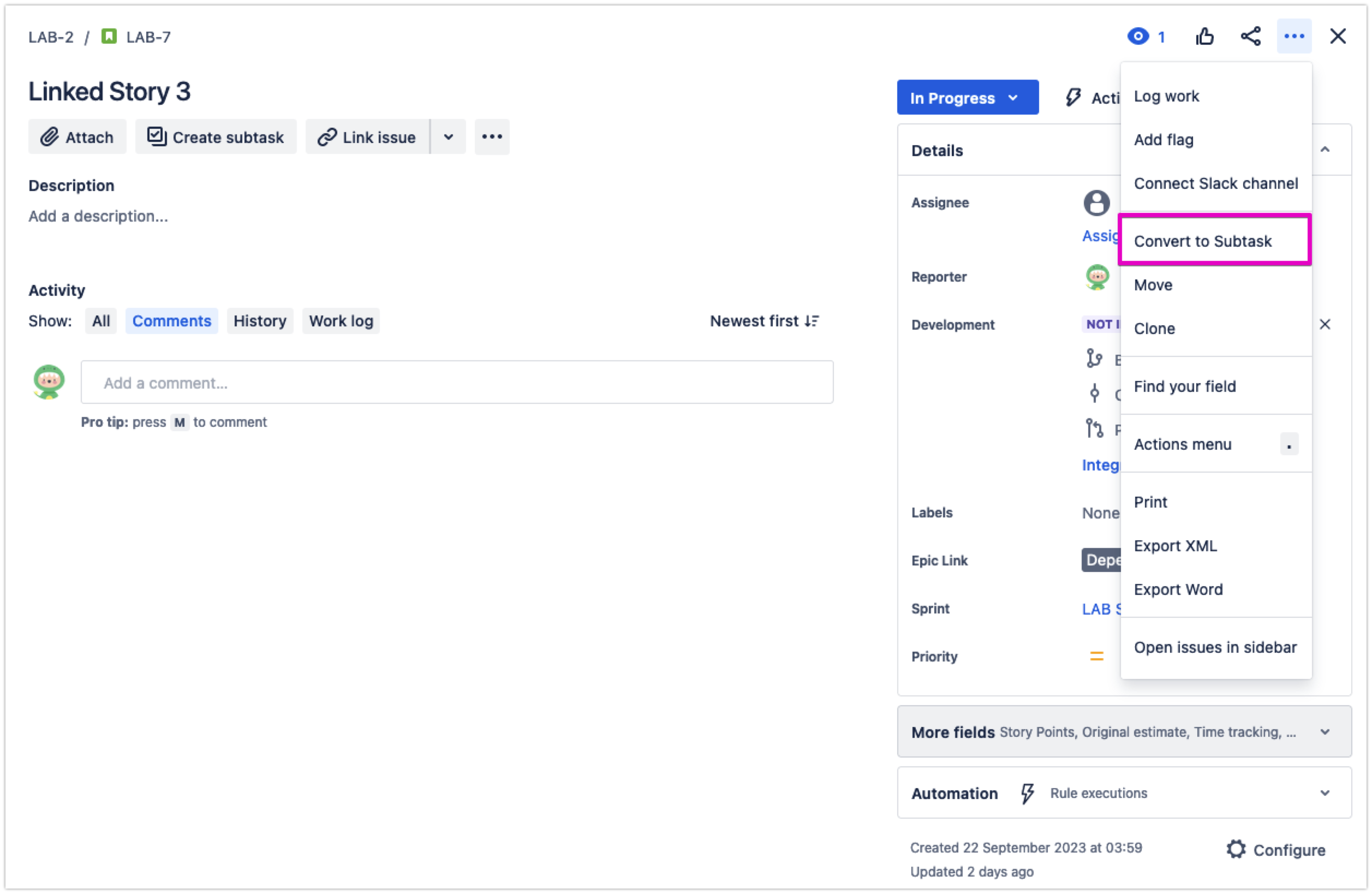 How to move the task from Epic to subtask