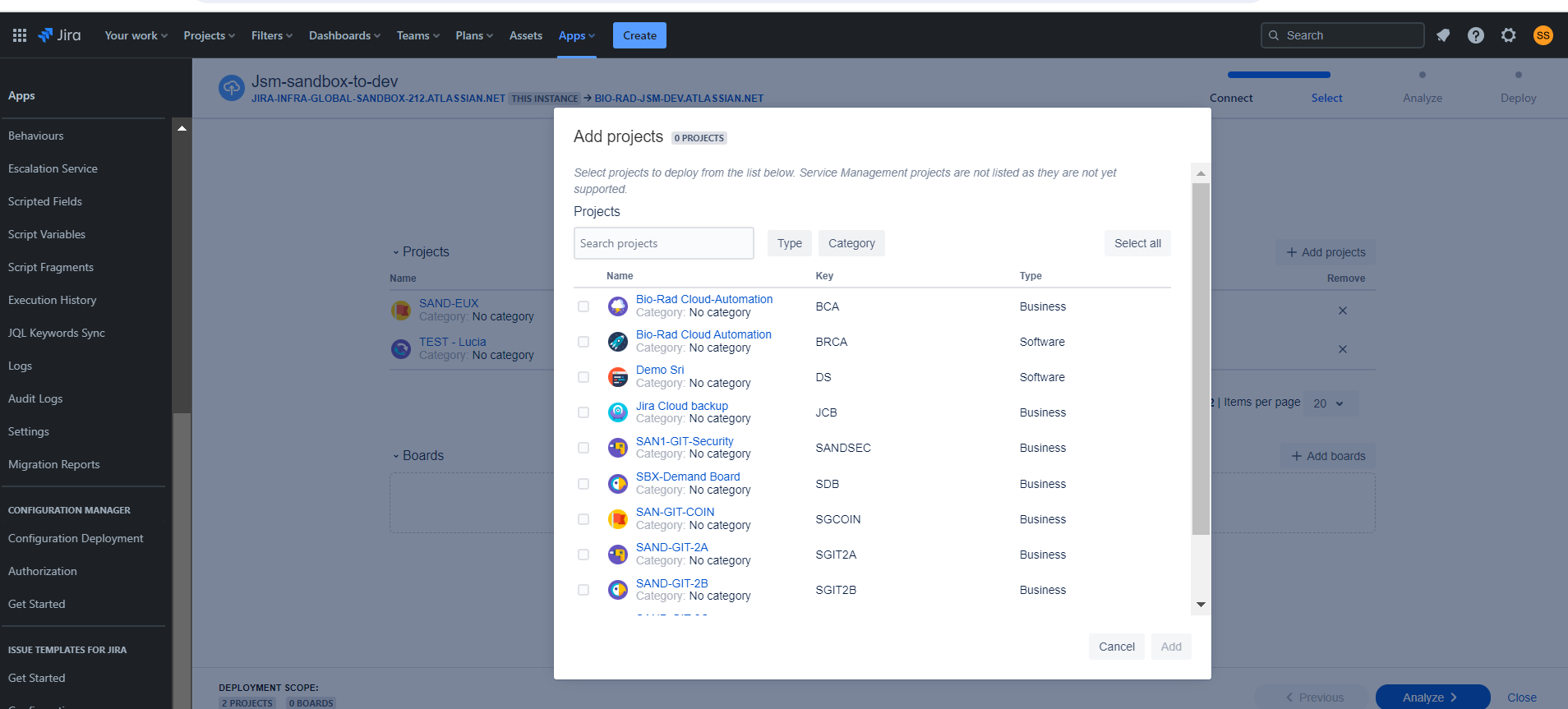 Unable to deploy the project from JSM sandbox to J...