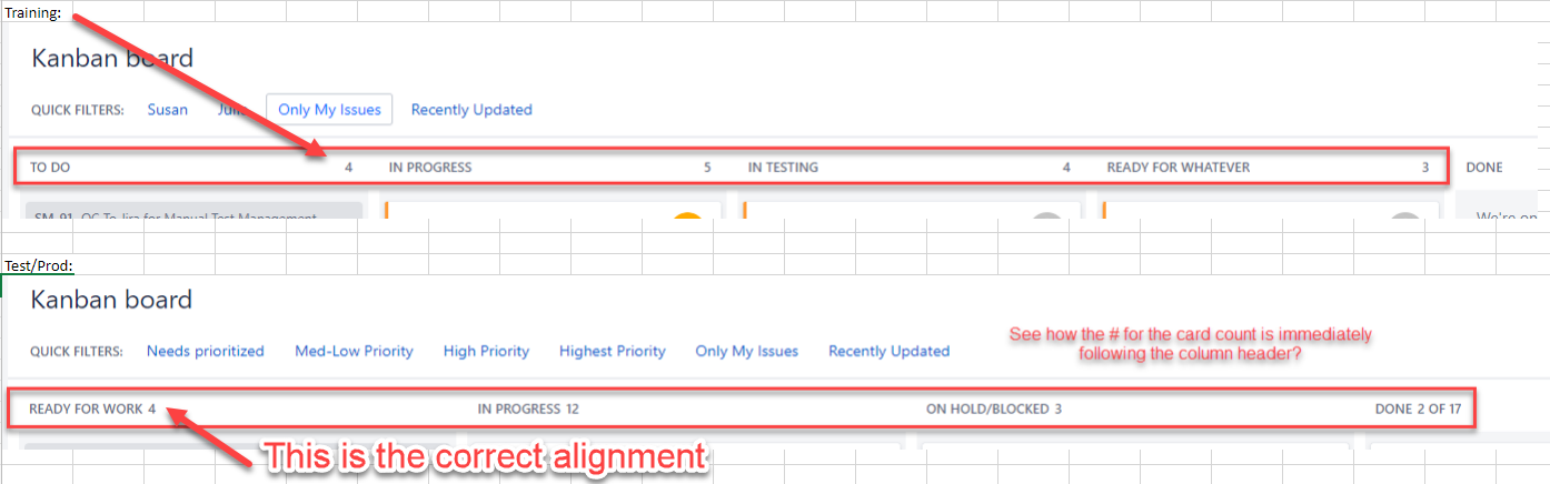 Kanban board-Status and card count alignment