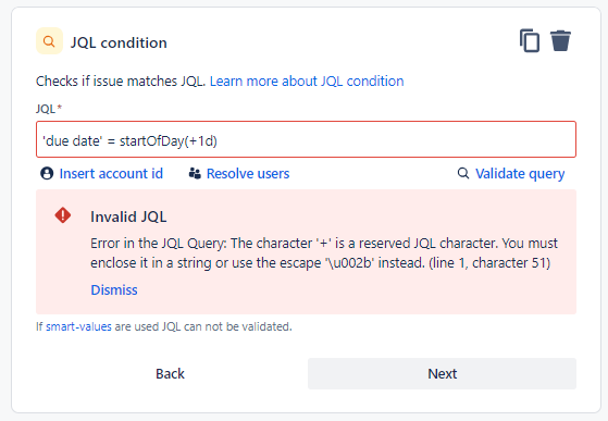 Solved: JQL Question (due date = startOfDay(+1d))