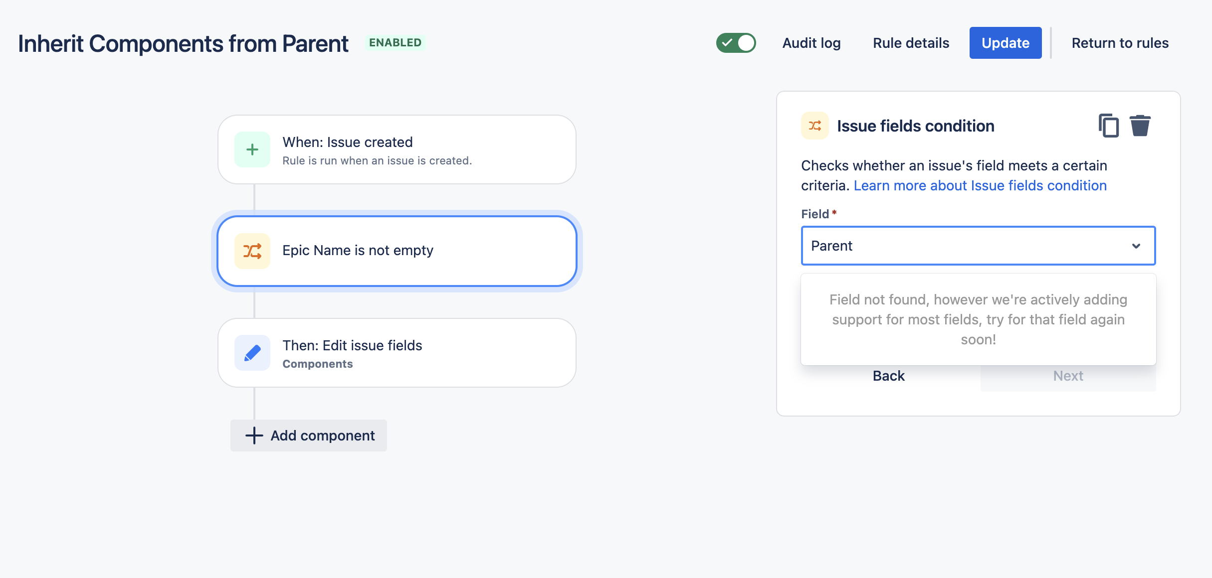 Solved: Automations: Use Parent Field of Issue for Conditi...