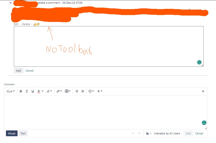Toolbar is missing for Reply section for a comment...