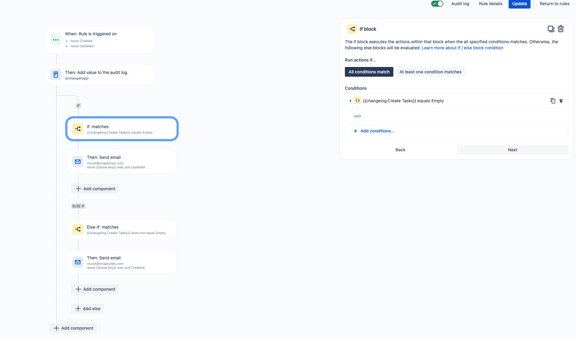 How to add 2 conditions at once in jira automation...