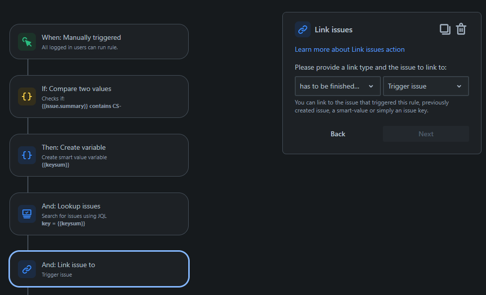 No option to add smart value to link issues automa...
