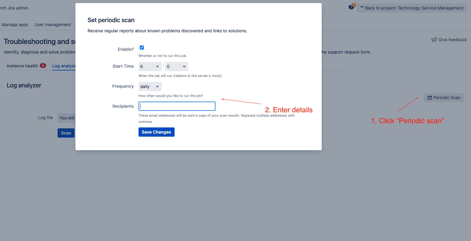 How to change recipient email id for JIRA log scan...