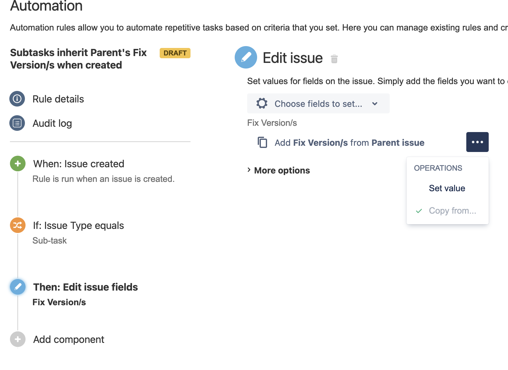 Jira Automation Rule to apply Fix version to subta...