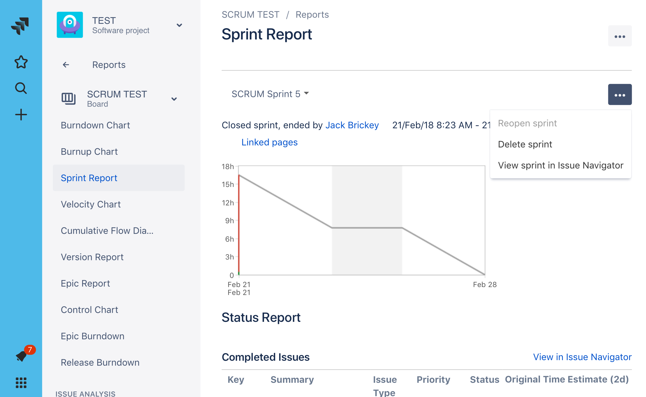 Menu on Sprint report missing