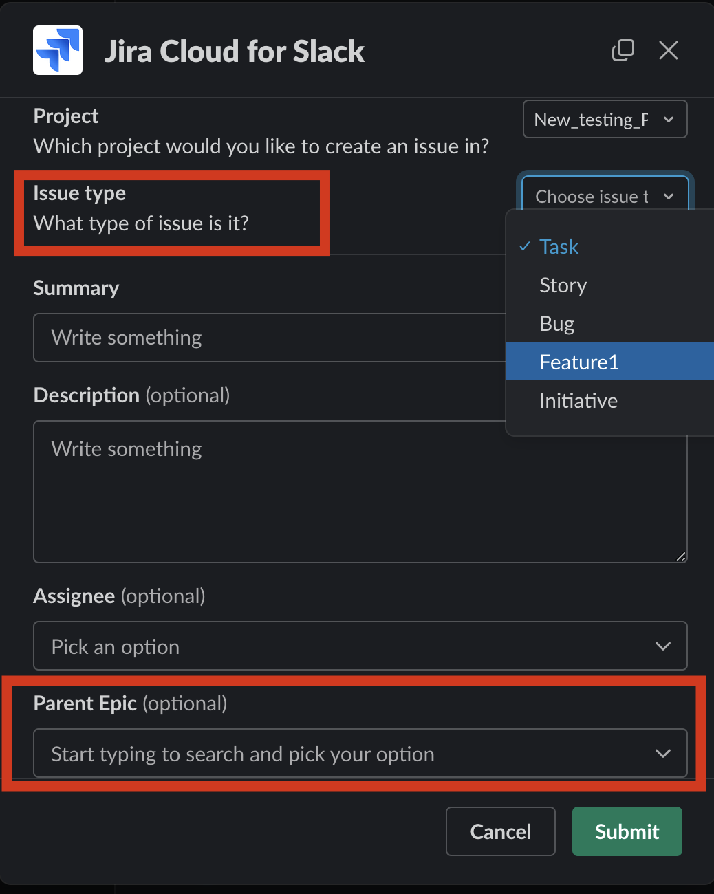 Slack: Create Issue: Default issue type
