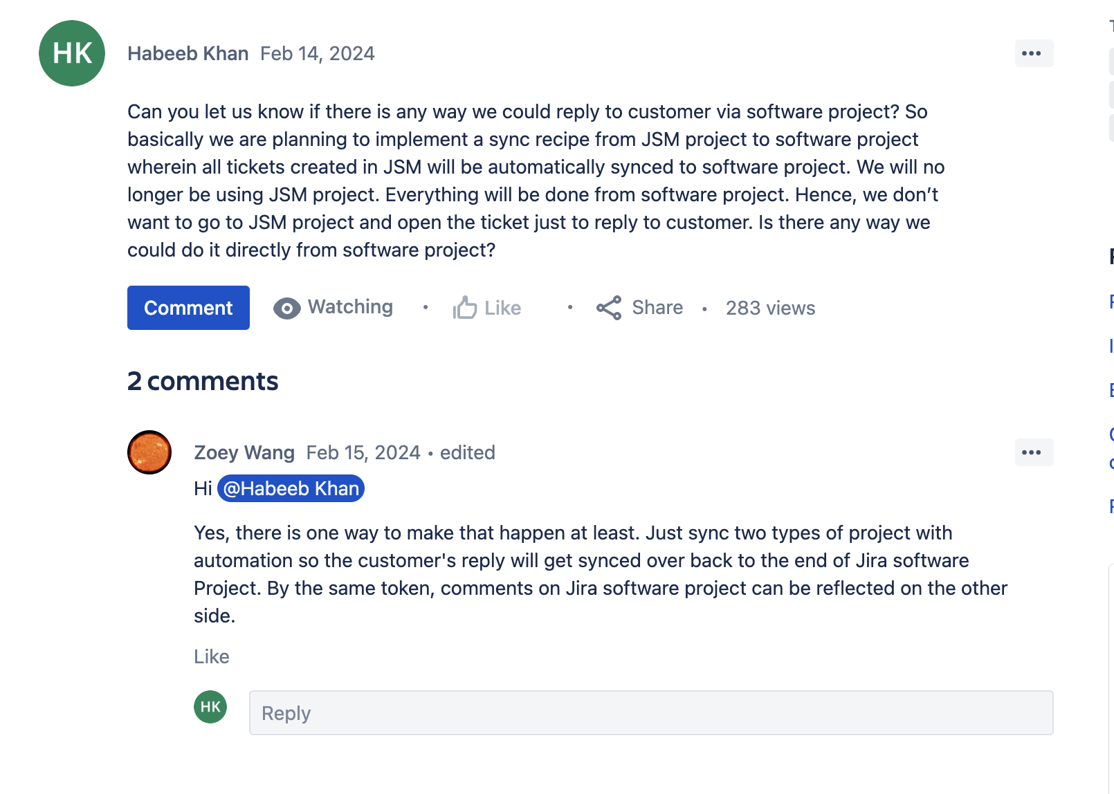 Reply to customer capability on JIRA Software Proj...