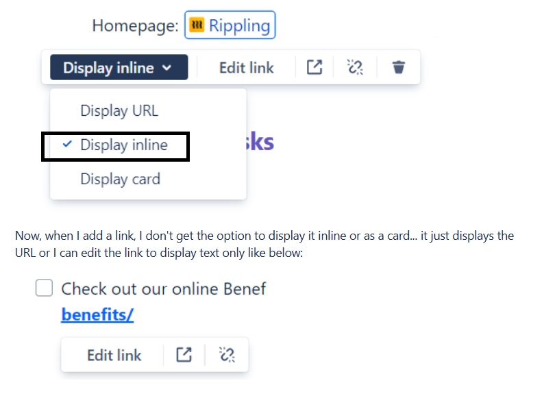 Unable to edit a link to make it inline Unable to edit a link to make it inline