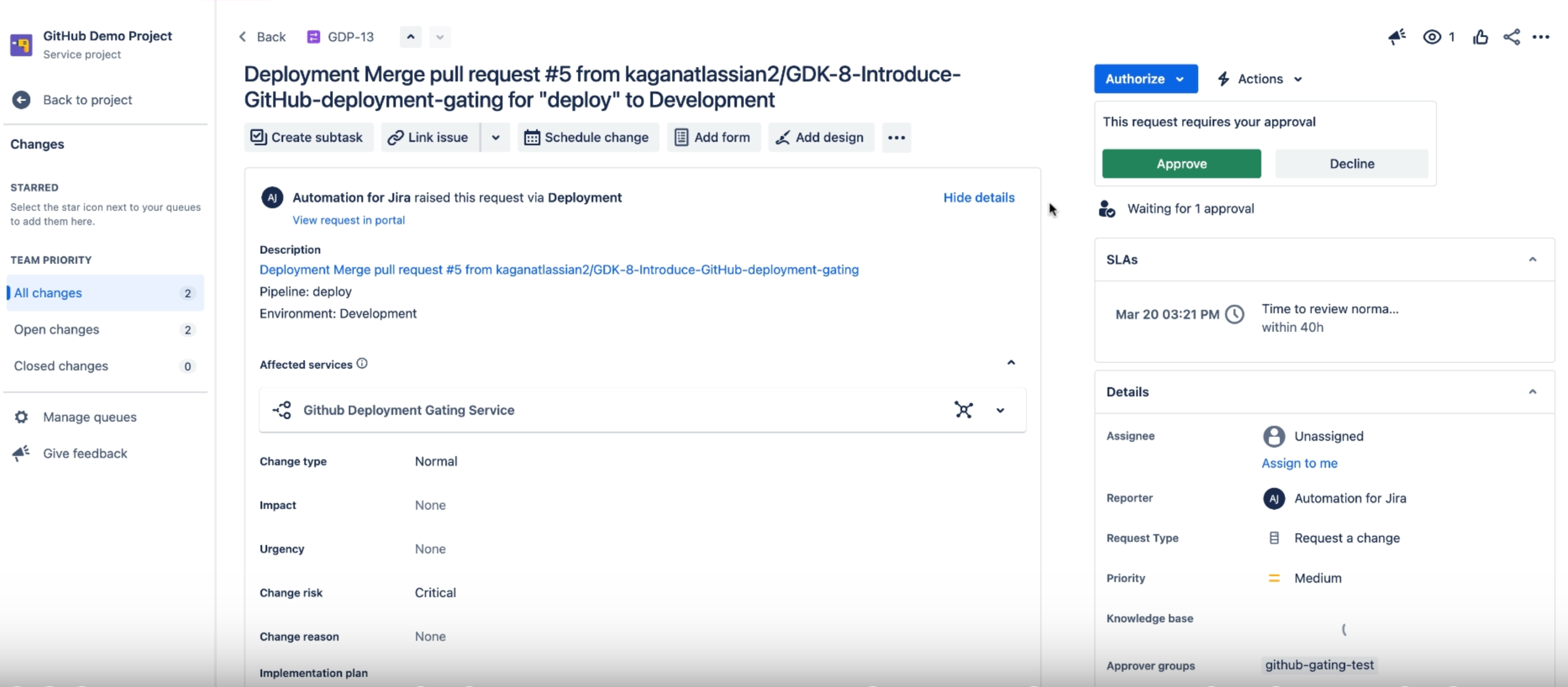 Deployment gating for GitHub in Jira Service Management