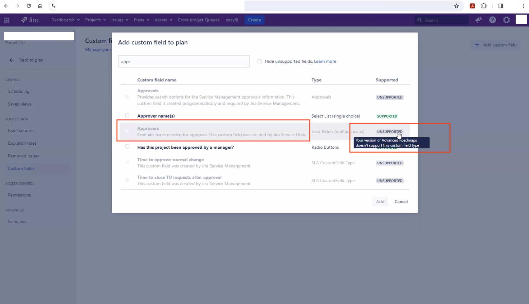 Custom Field - "Your version of Advanced Roadmaps ...