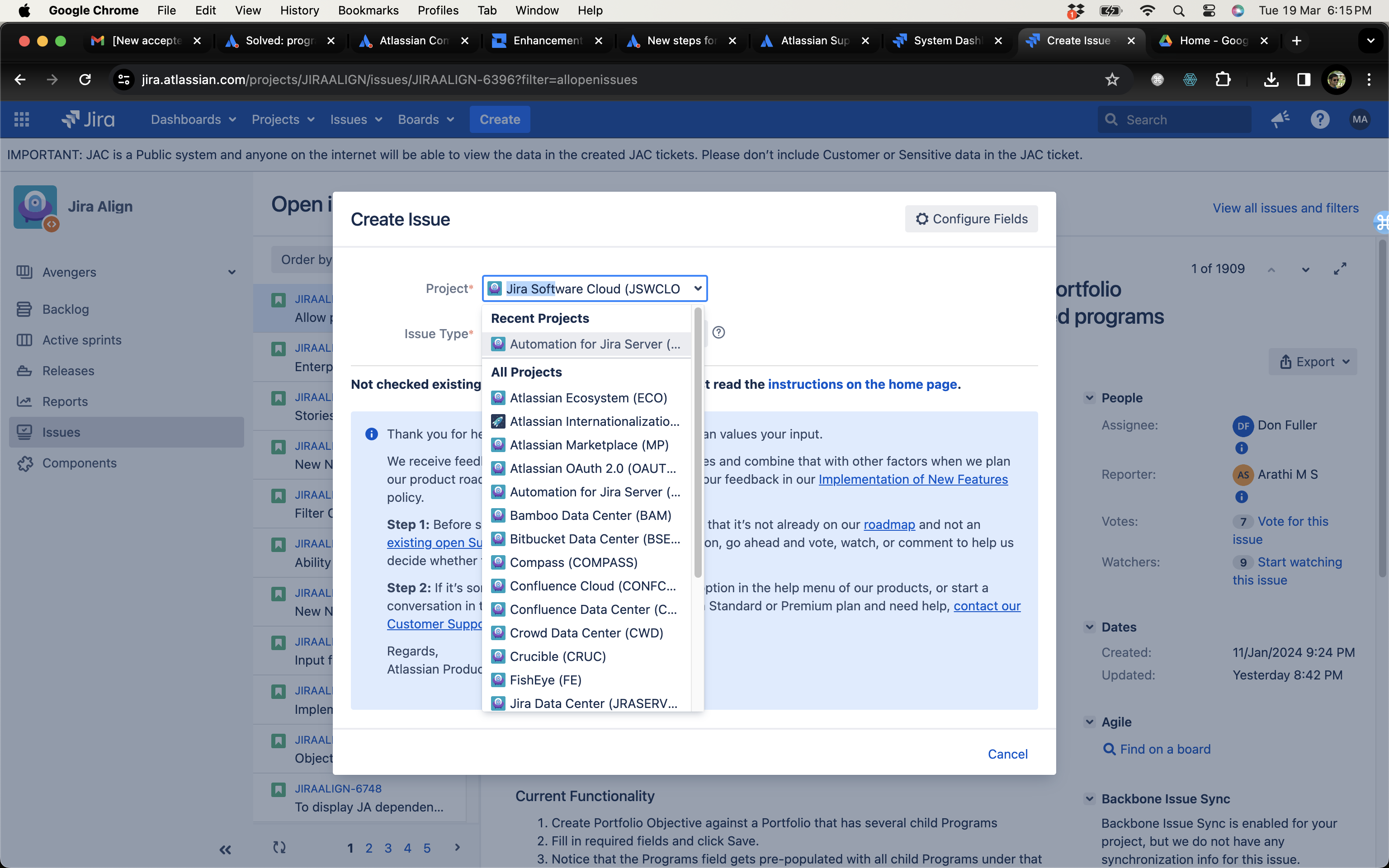 Not able to create product suggestion for jira ali...