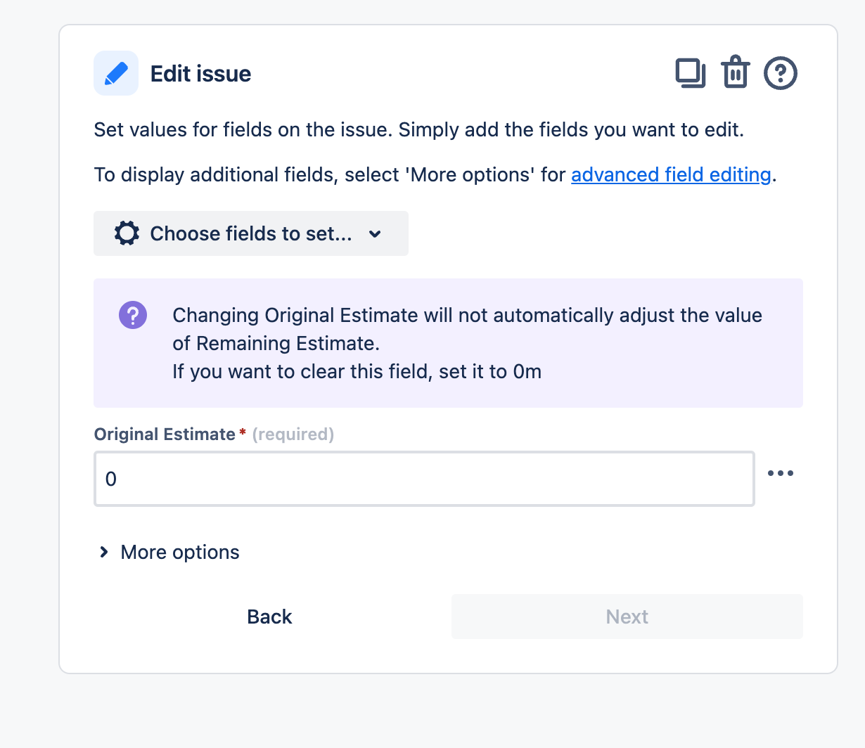 Clear Original estimate using automation rule
