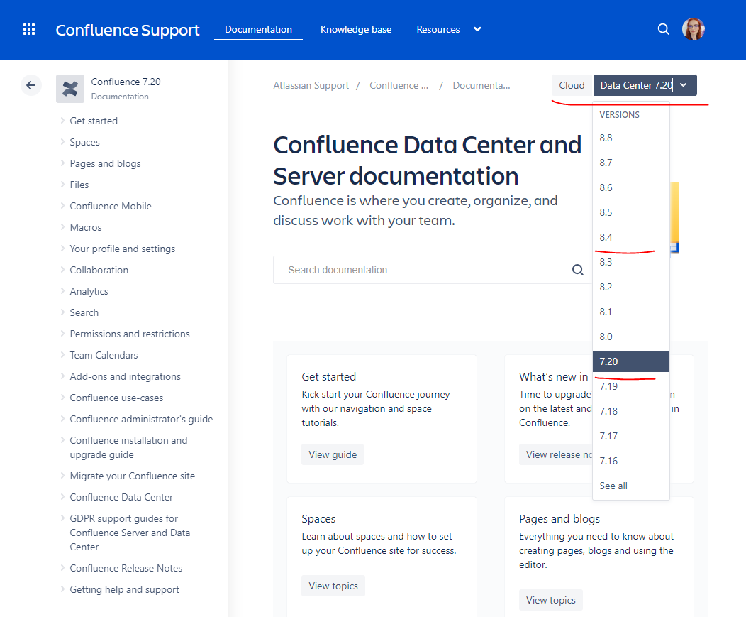 Versions of pages in drop-down list