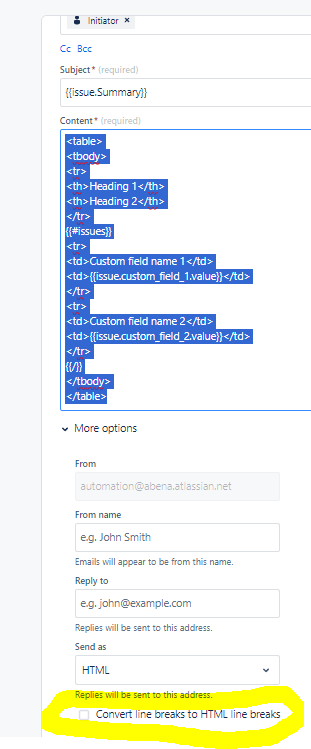 How do I render a table when sending email in Jira...