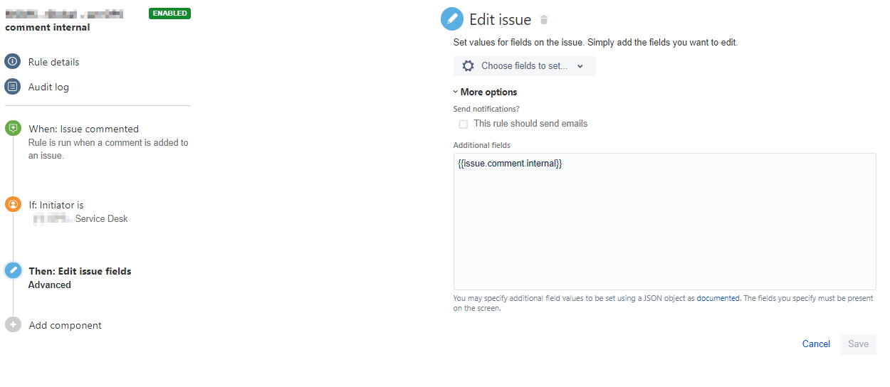 Comment internally if a service desk users comment...