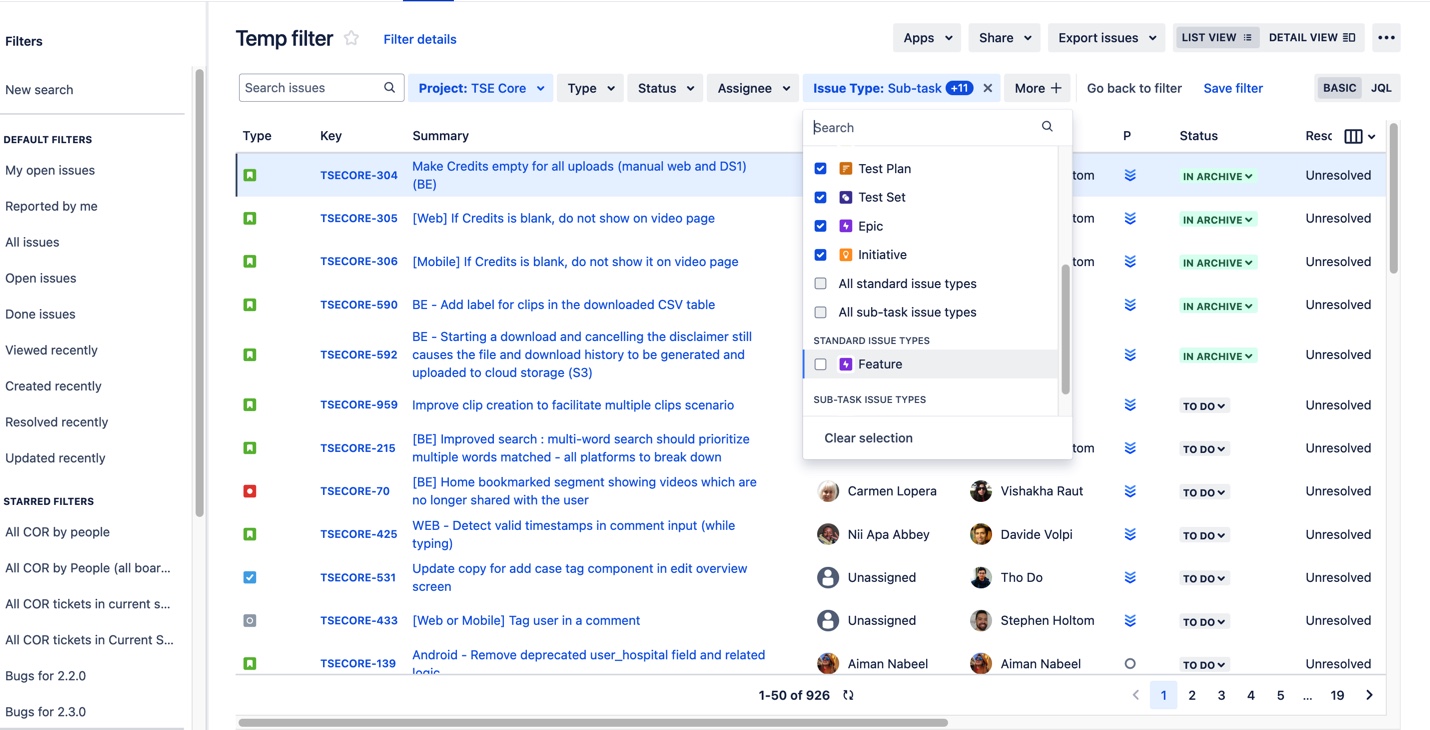 Backlog view for Epics on left end side pane