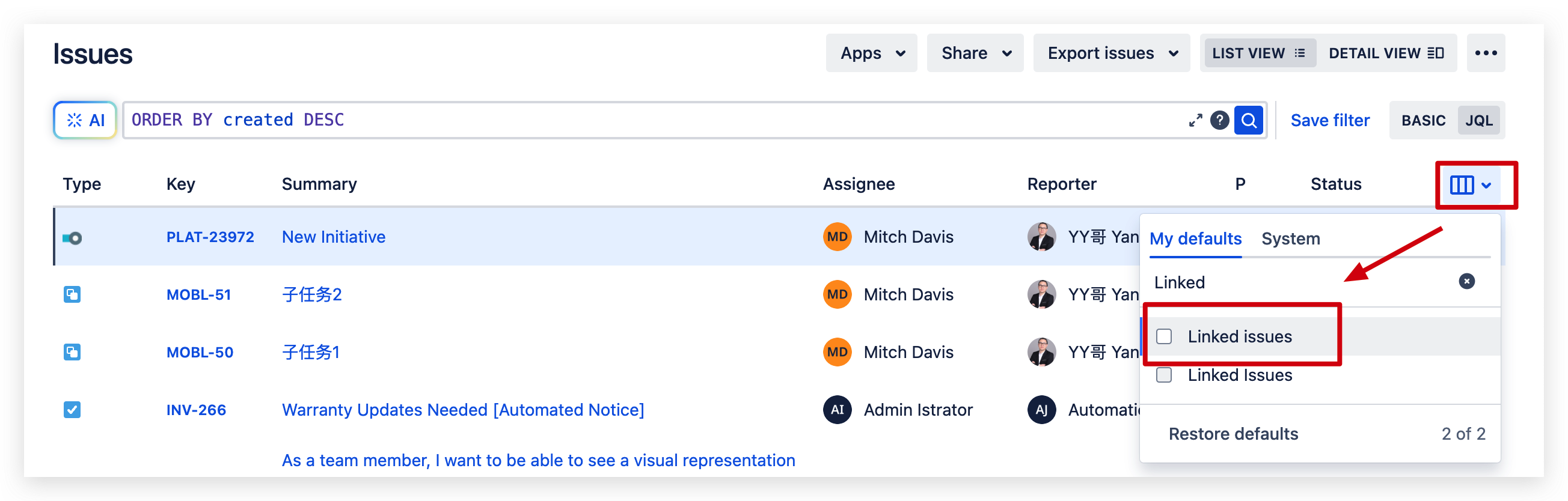 List of all linked issues in a project