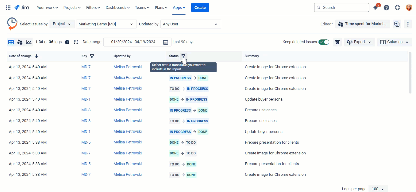 Status transition history for multiple Jira issues - Atlassian Community