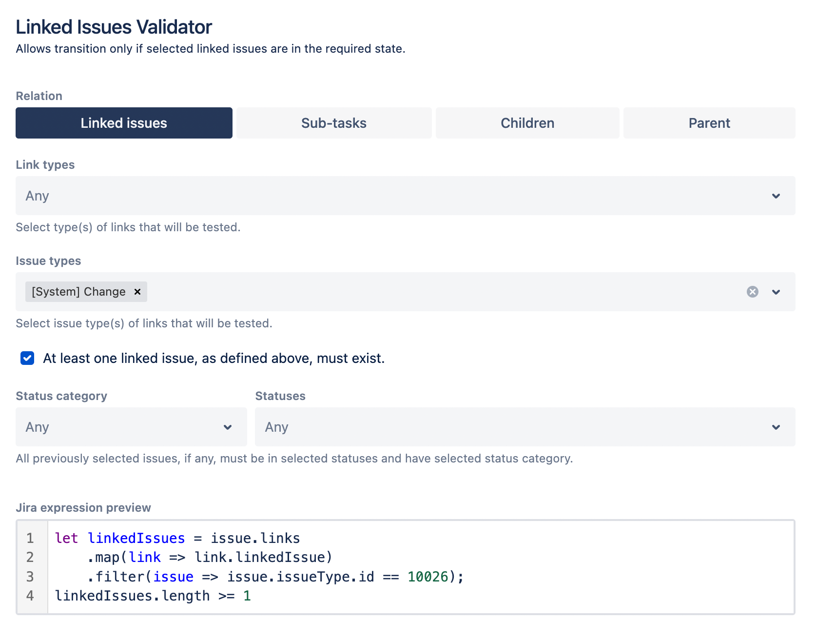 Linked issue validator based on issuetype