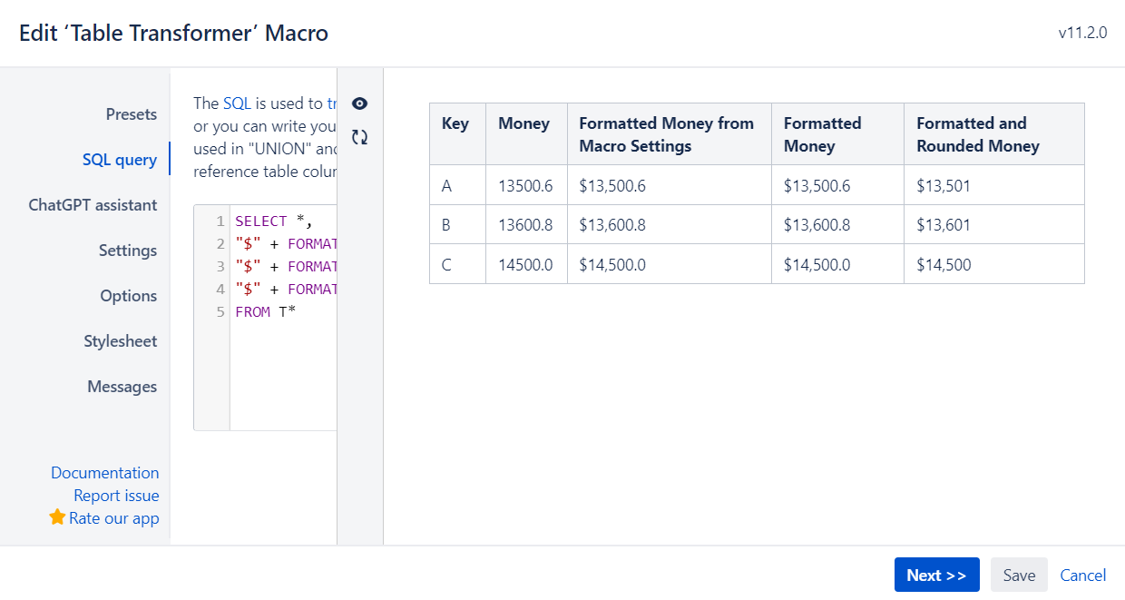 Number formatting AlaSQL Table transformer
